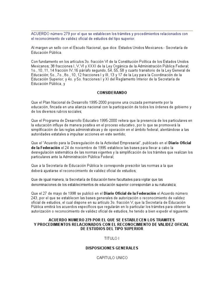 Acuerdo 279 Tramites Procedimientos Reconocimiento Validez Oficial ...