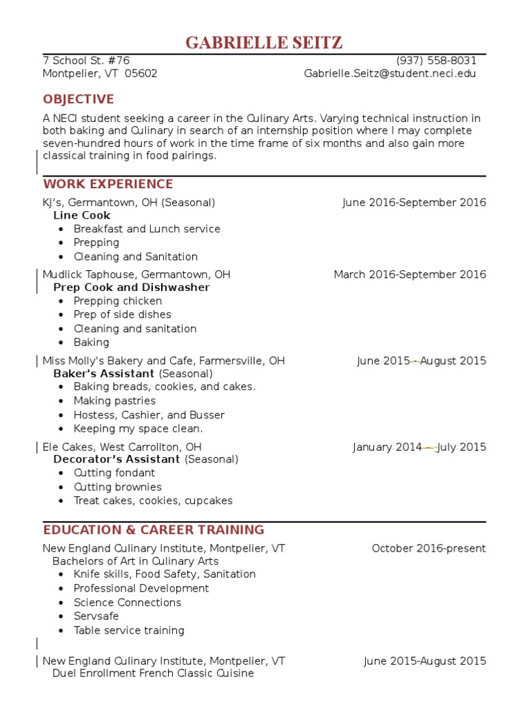 Gabrielle Seitz Resume 2016 | PDF | Baking | Cakes