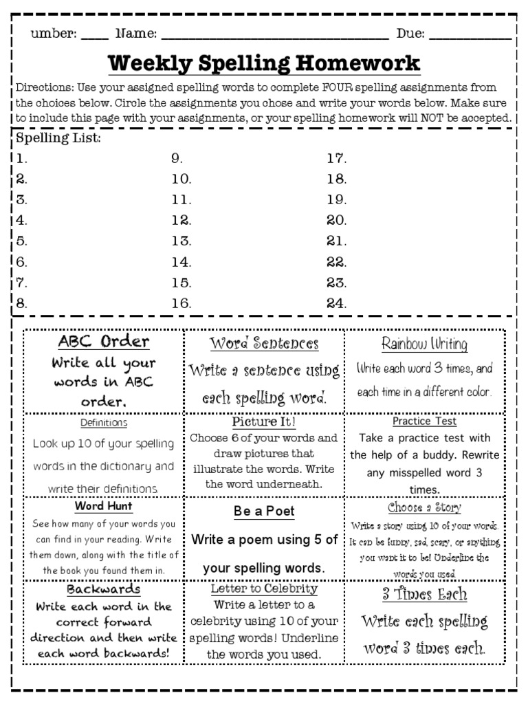 Weekly Spelling Homework Assignments | PDF | Spelling | Homework