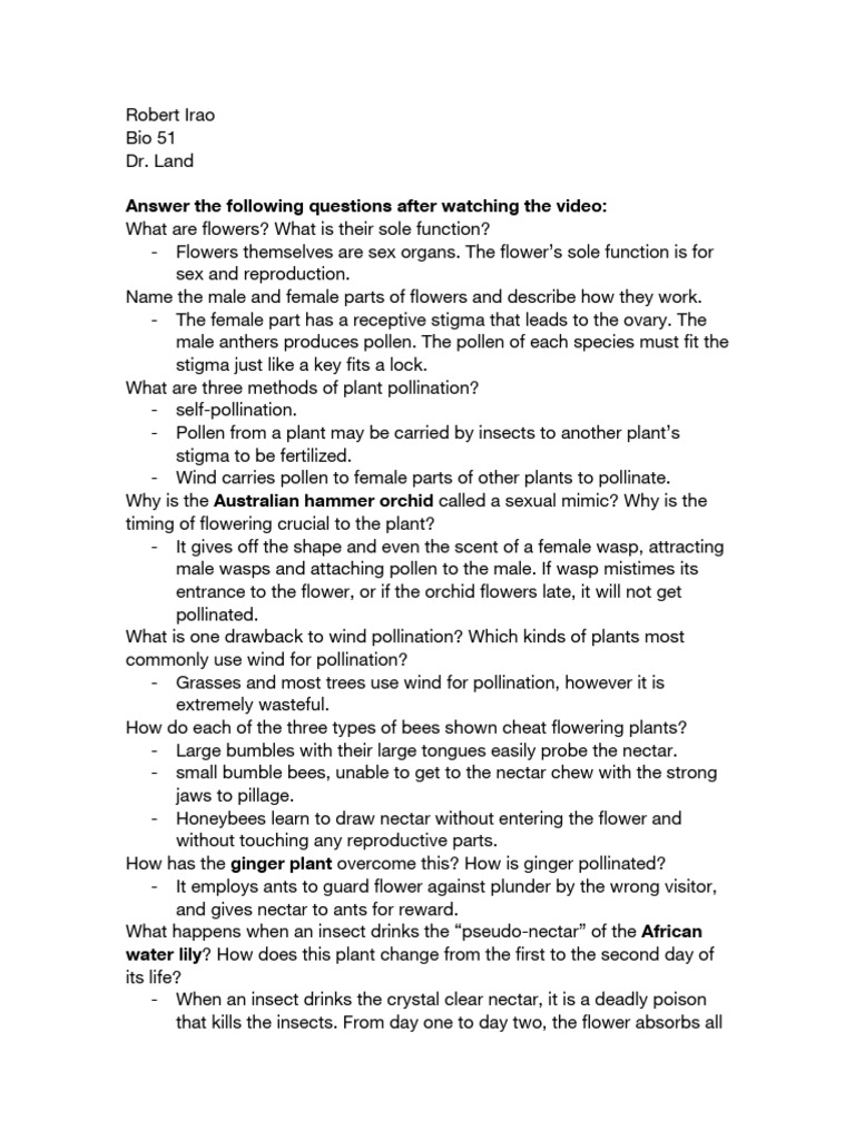 Sexual Encounters Floral Kind Worksheet 1 | PDF | Flowers | Pollination