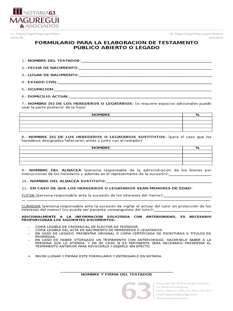 Formulario para La Elaboracion de Testamento Publico Abierto o Legado | PDF