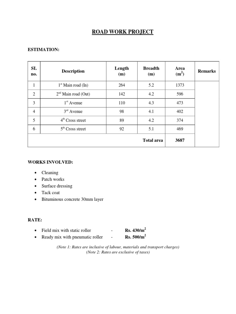 Road Work Project: Estimation | PDF