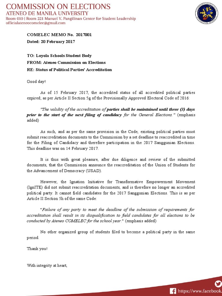 Memorandum On Status of Political Parties' Accreditation | PDF