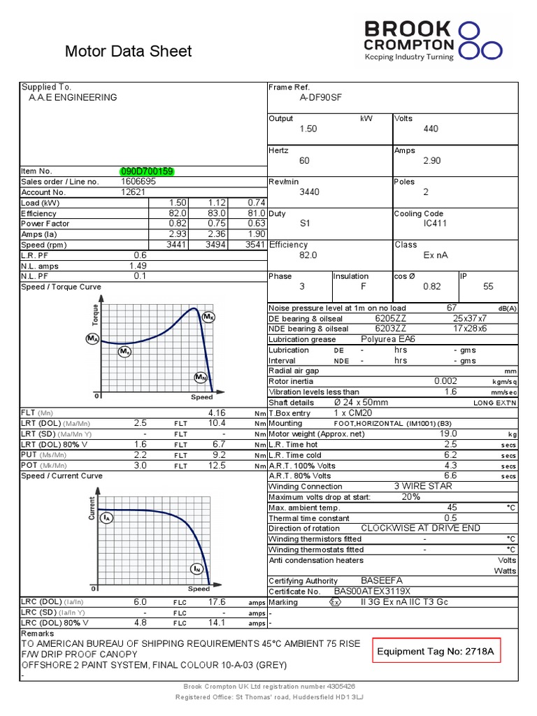Brook Motor Data Sheet | Electric Motor | Rotating Machines