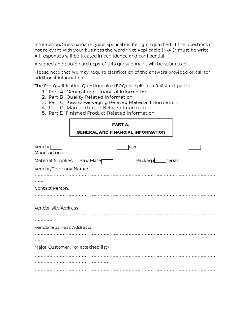 Pre-Qualification Questionaire For A Vendor | PDF | Packaging And ...