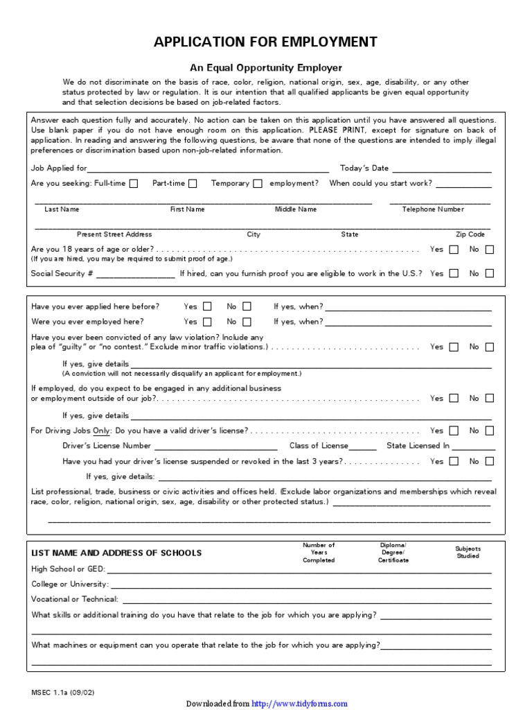 blank-job-application-2 | Equal Opportunity | Employment | Free 30-day ...