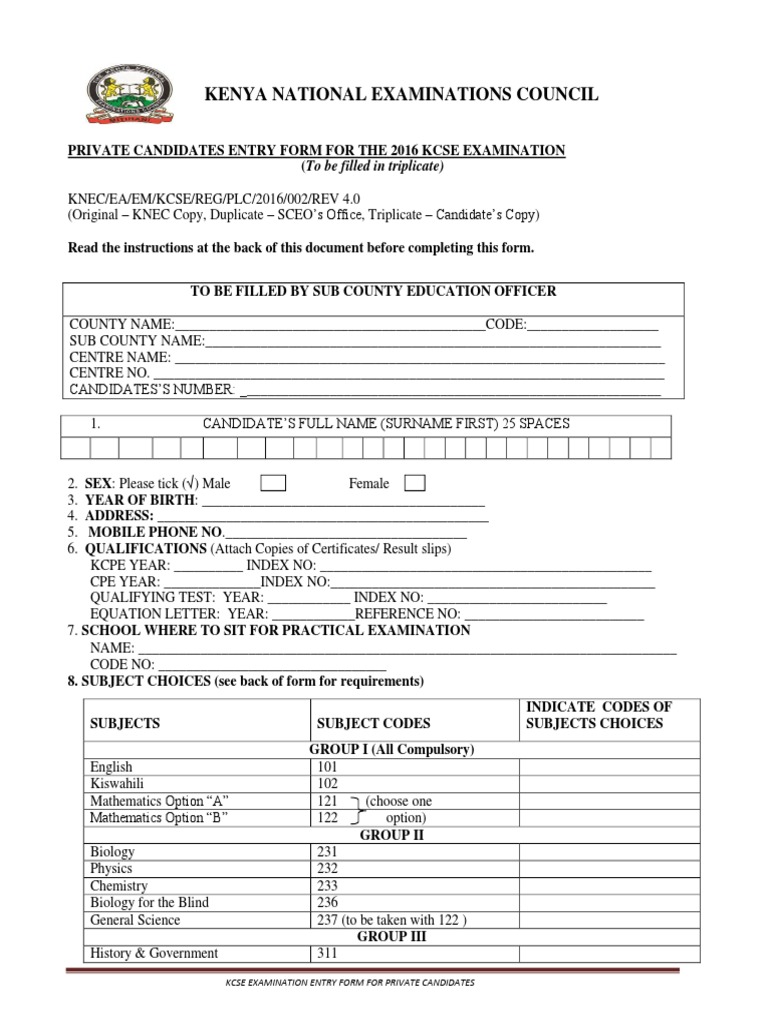 2016-KCSE Entry Form For Private Candidates | PDF