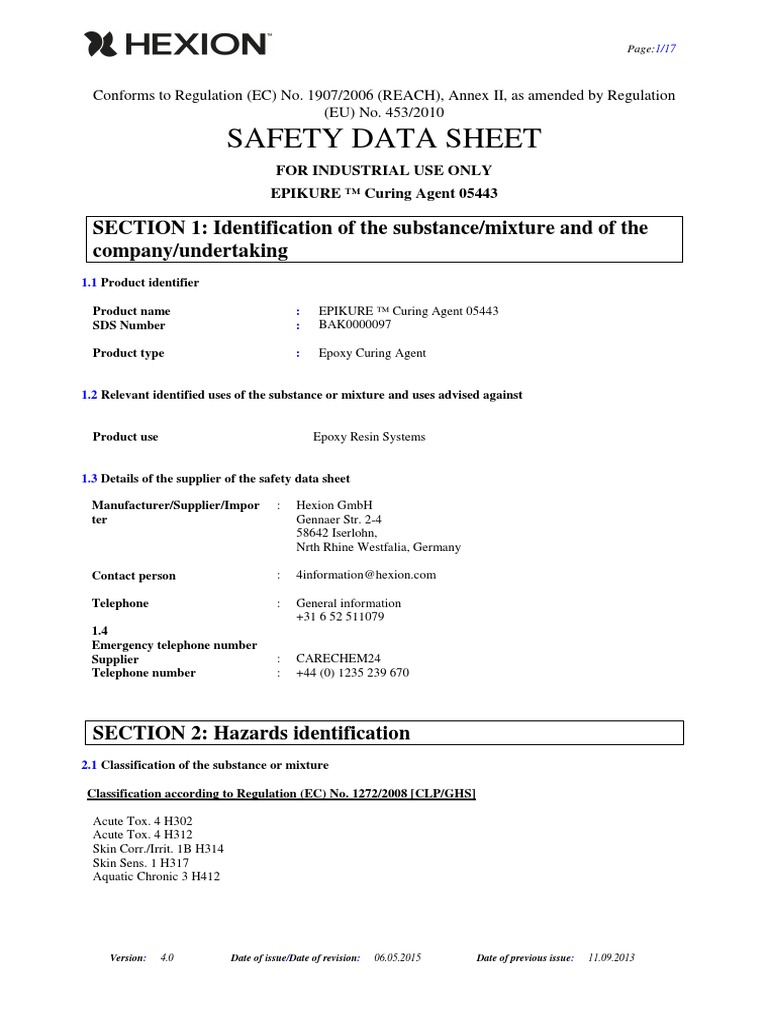 EPIKURE Curing Agent 05443 - EU - EN PDF | PDF | Personal Protective ...