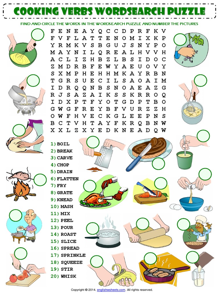 Cooking Verbs Esl Wordseach Puzzle Vocabulary Worksheet | PDF | Word ...