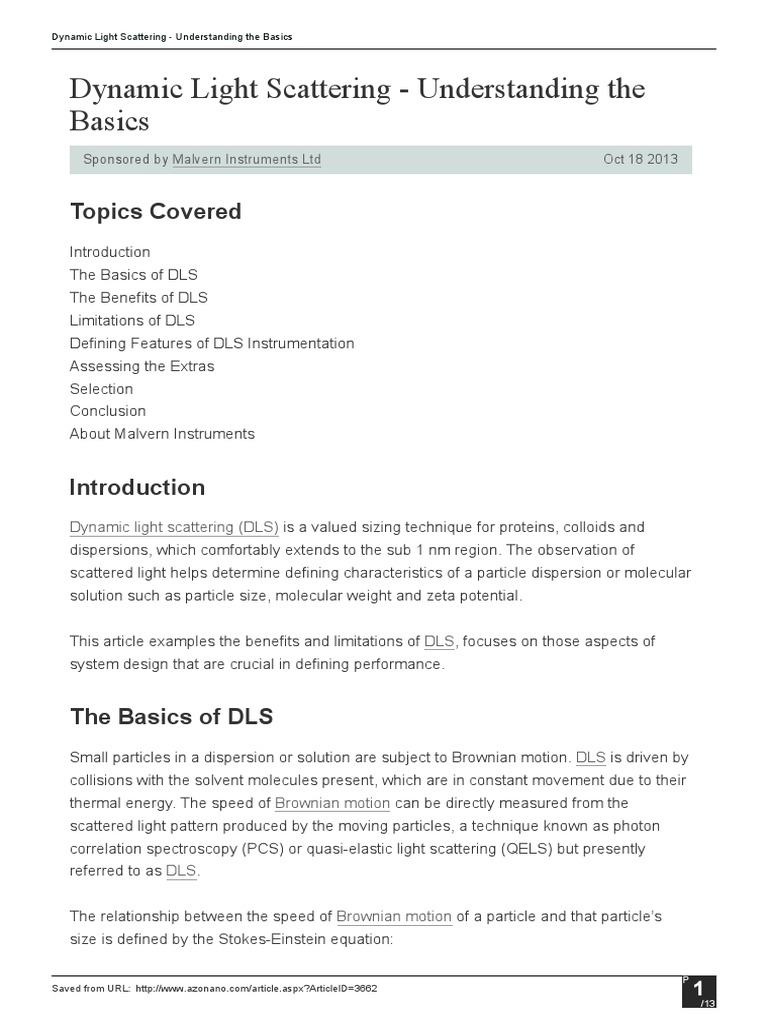 Dynamic Light Scattering Understanding The Basics | PDF | Brownian ...