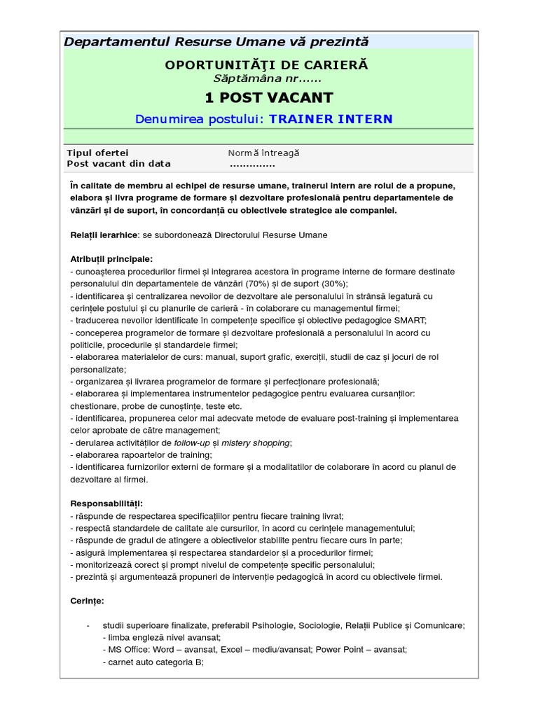 Model de Anunt Intern Oferta Job