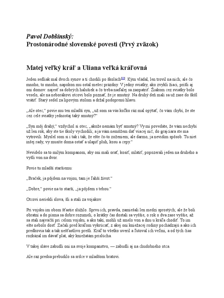 Pavol Dobšinský Prostonárodné Slovenské Povesti (Prvý Zväzok) Matej Veľký Kráľ A Uliana Veľká ...