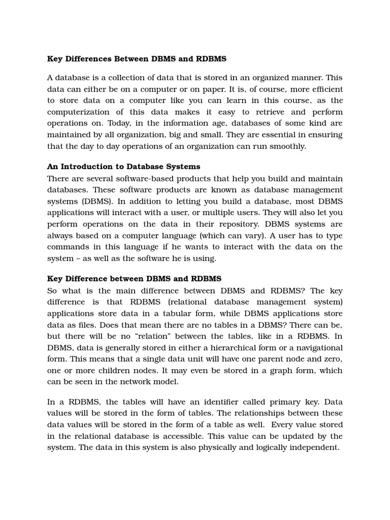 Differences DBMS RDBMS | PDF | Relational Database | Databases