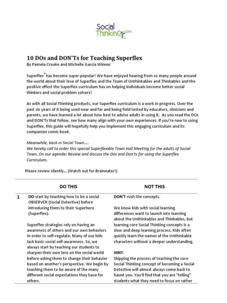 10 DOs and DONTs For Teaching Superflex 2015 | PDF | Curriculum ...