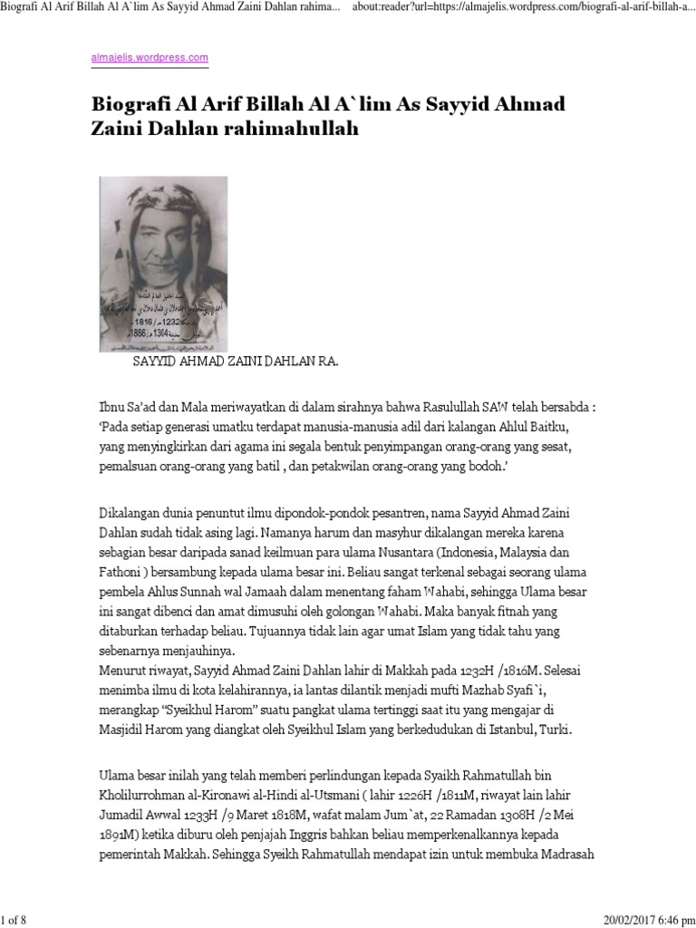 Biografi Al Arif Billah Al A'lim As Sayyid Ahmad Zaini Dahlan ...