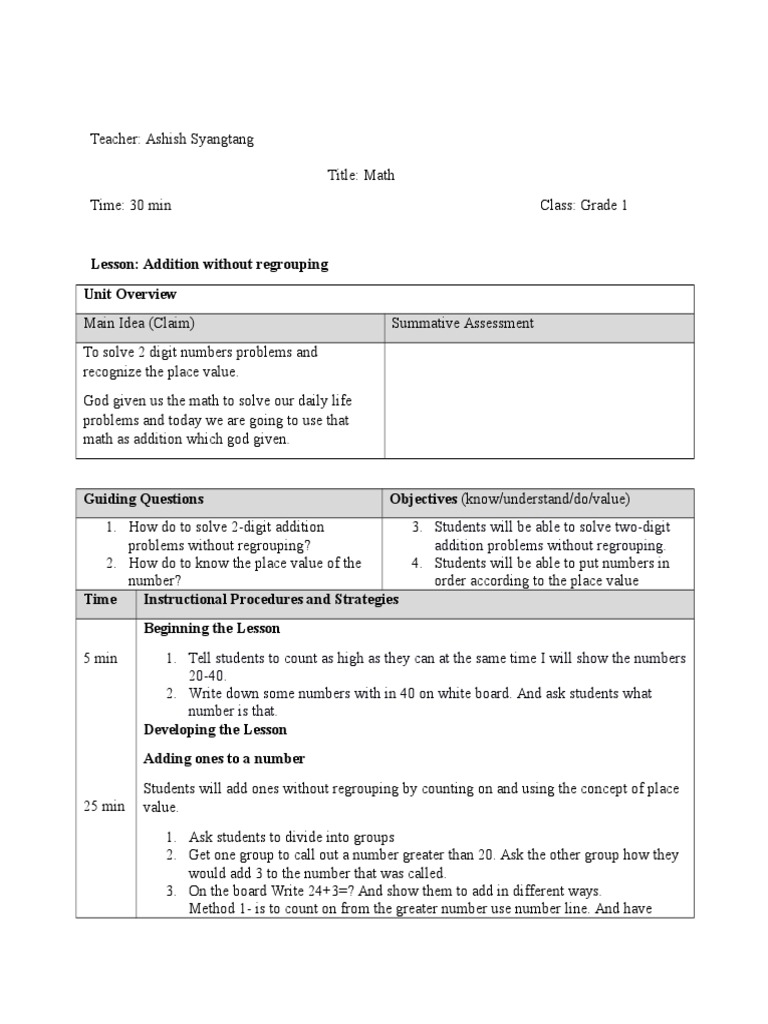 Addition Math Lesson Plan | PDF | Lesson Plan | Education Theory