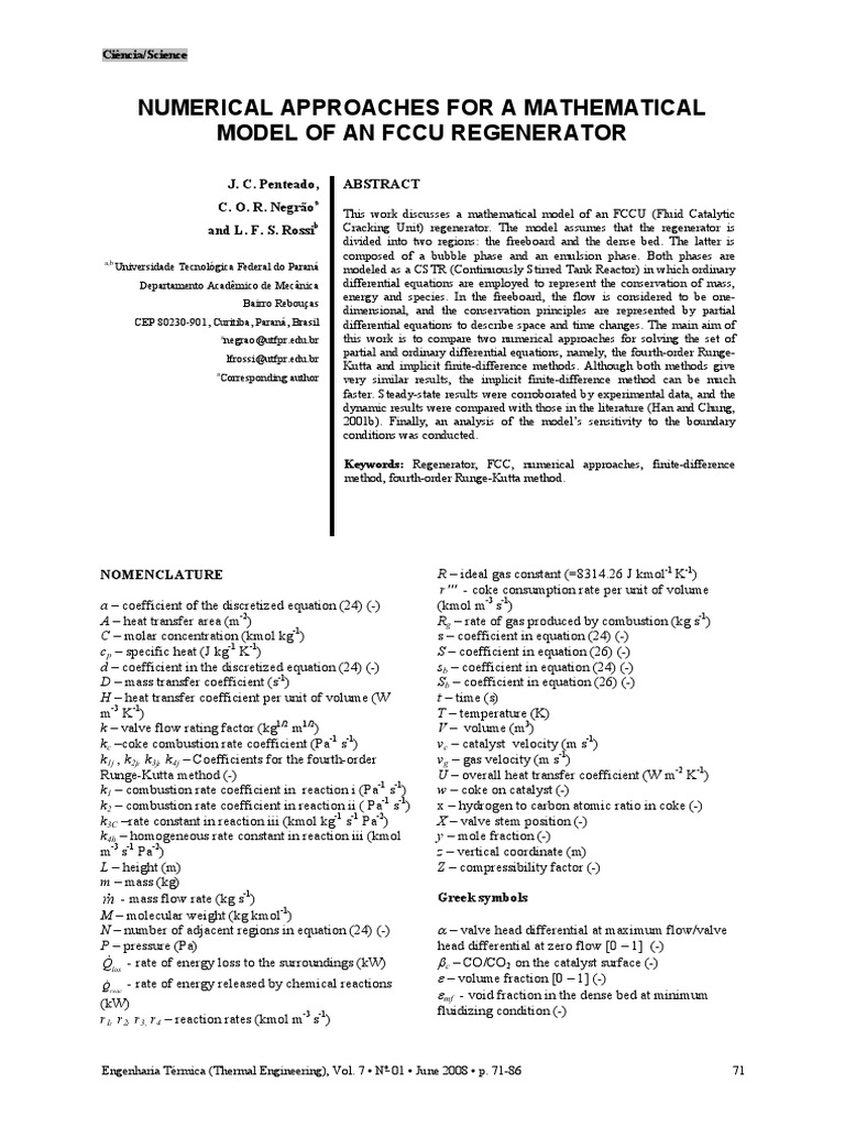 Numerical Approaches For A Mathematical Model of An Fccu Regenerator ...