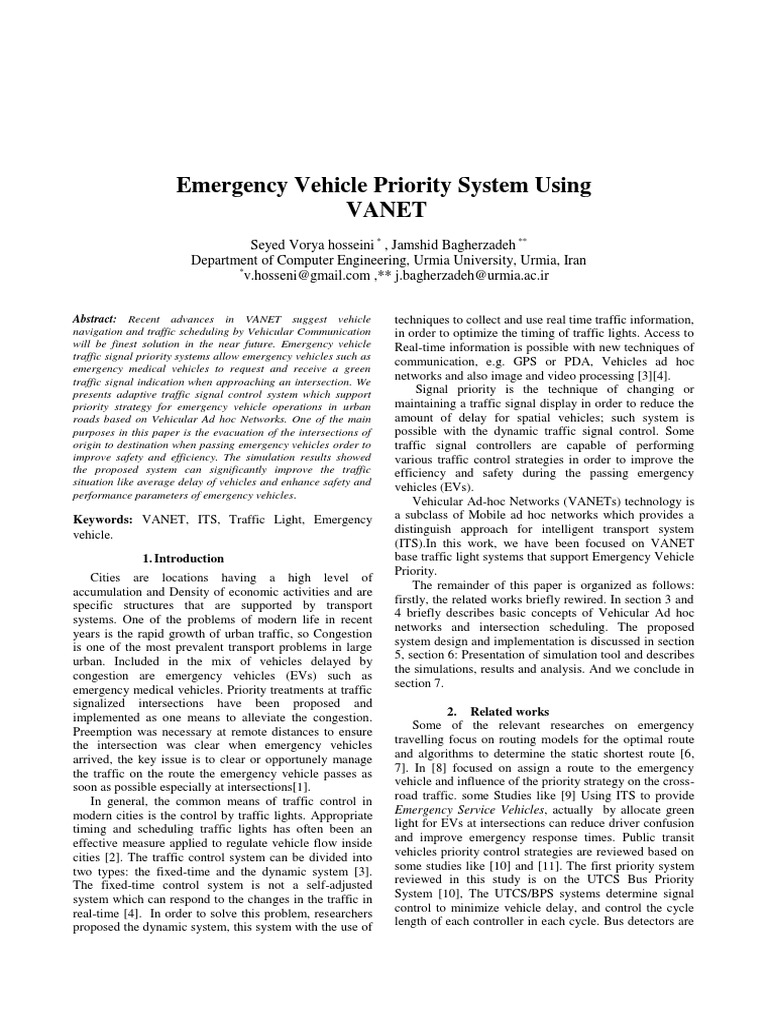 Emergency Vehicle Priority System Using Vanet Pdf Traffic Traffic Light