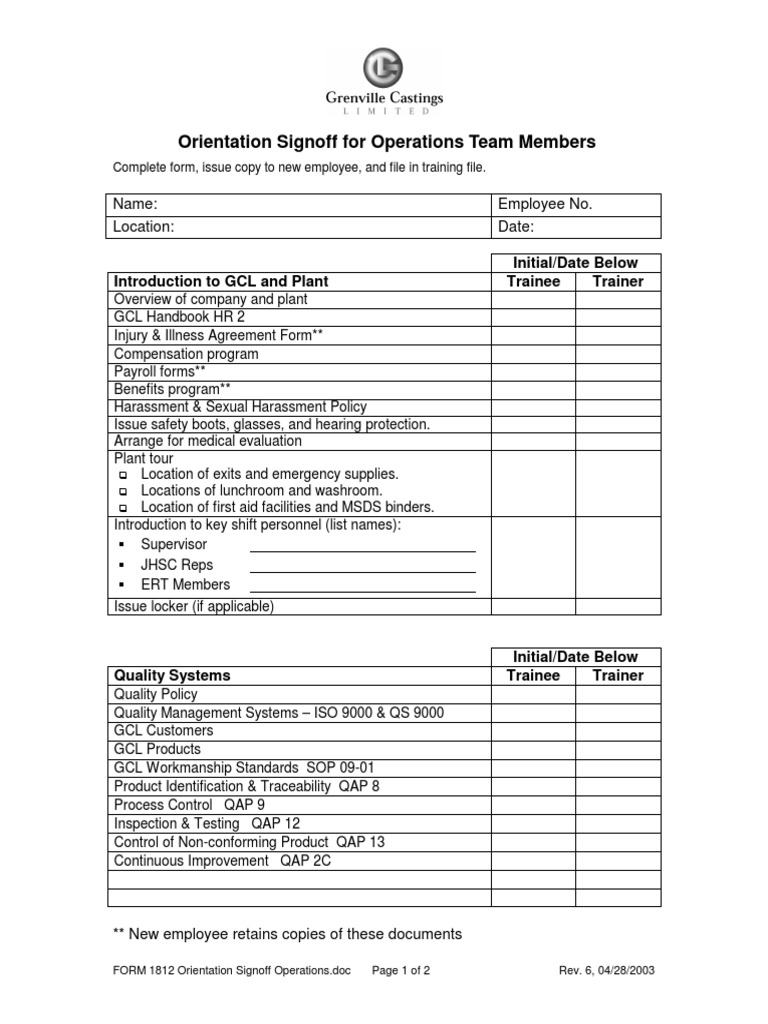 Orientation Sign Off | Safety | Prevention