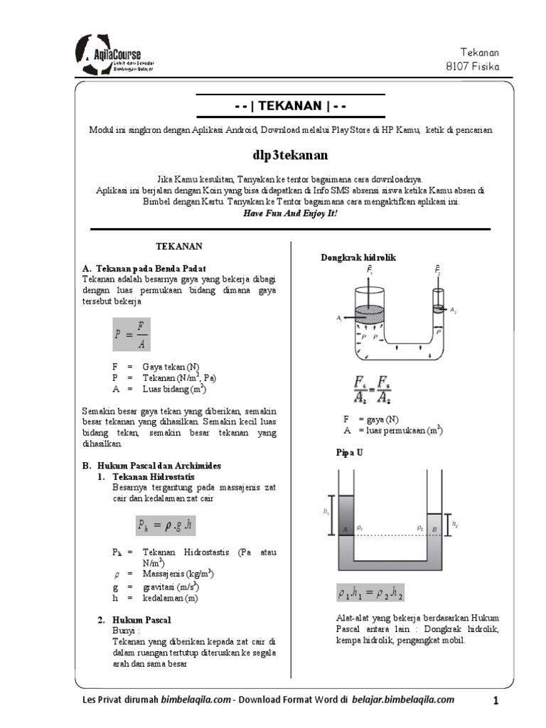 Modul Bimbel Gratis Kelas 8 SMP 8107 Fisika Bab 3 Tekanan | PDF