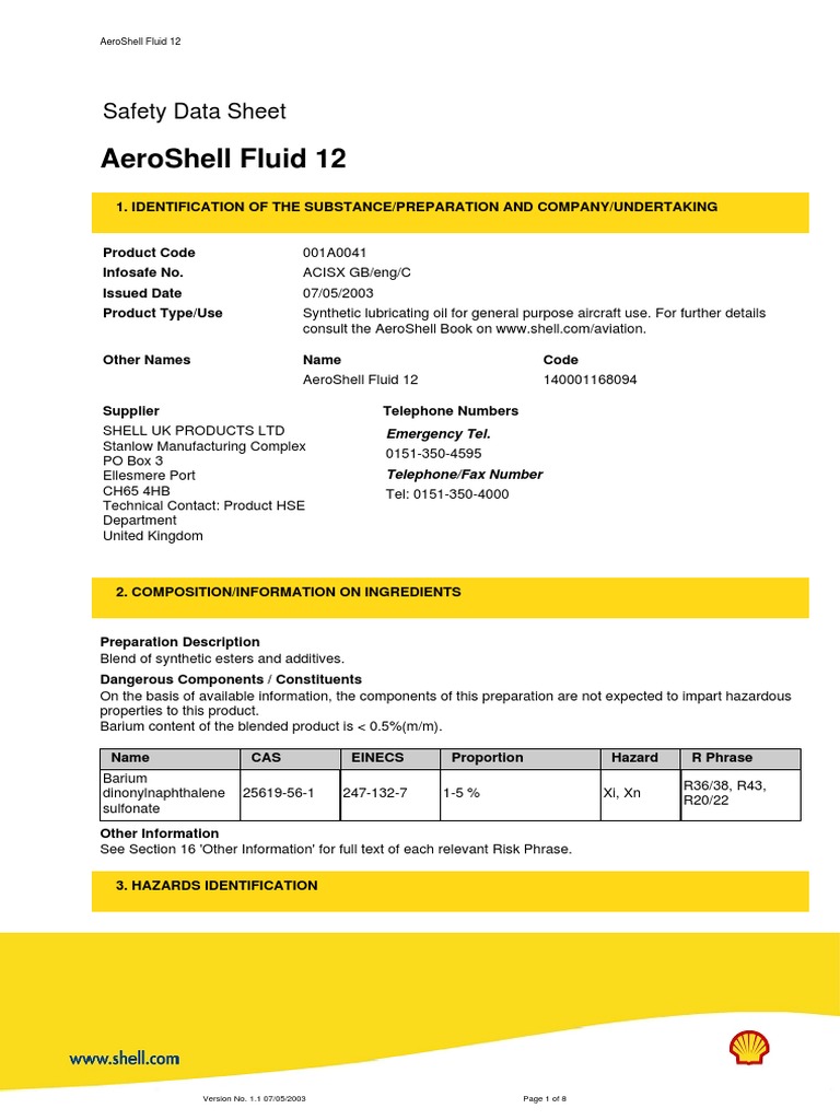 Aeroshell Fluid 12msds | Personal Protective Equipment | Toxicity