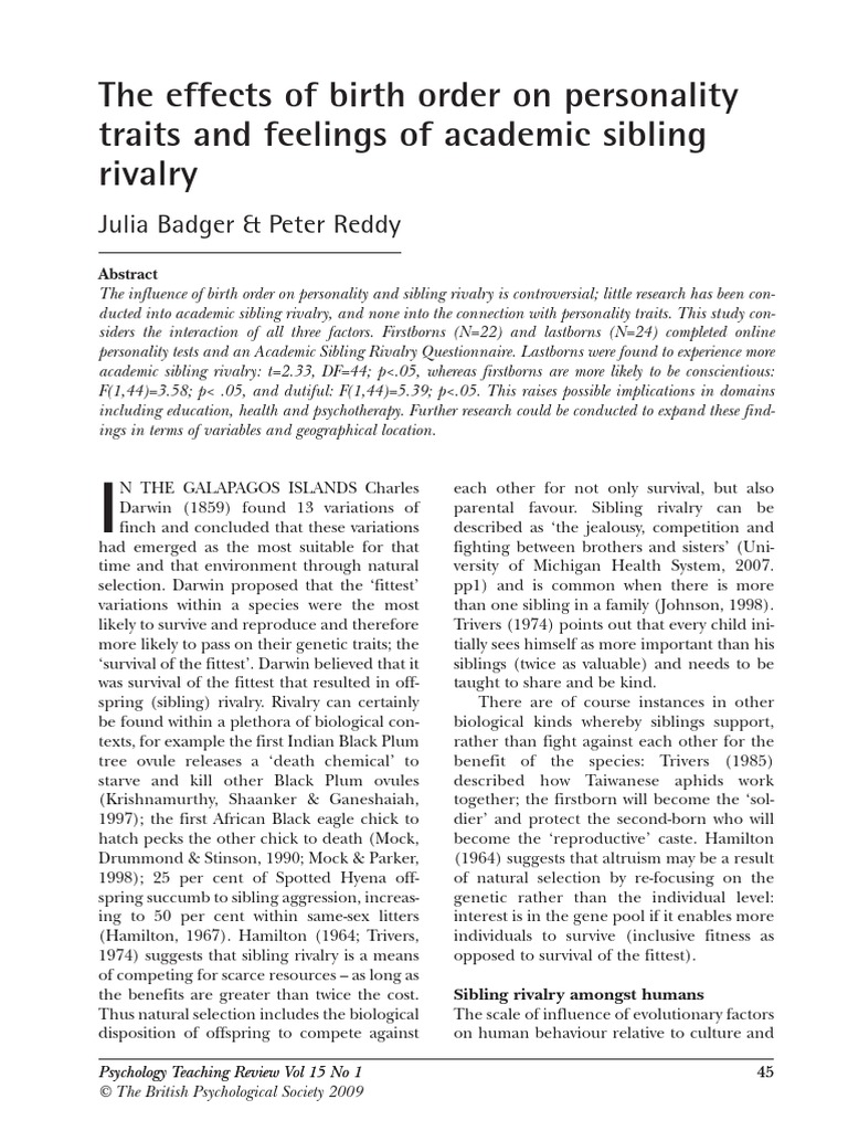 Julia Badger and Peter Reddy 2009 | PDF | Sibling | Natural Selection