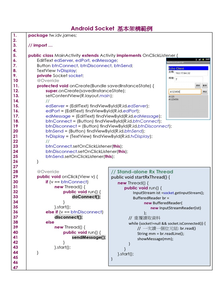 Android Socket 基本架構範例 基本架構範例 基本架構範例 基本架構範例: @Override | PDF | Computer ...