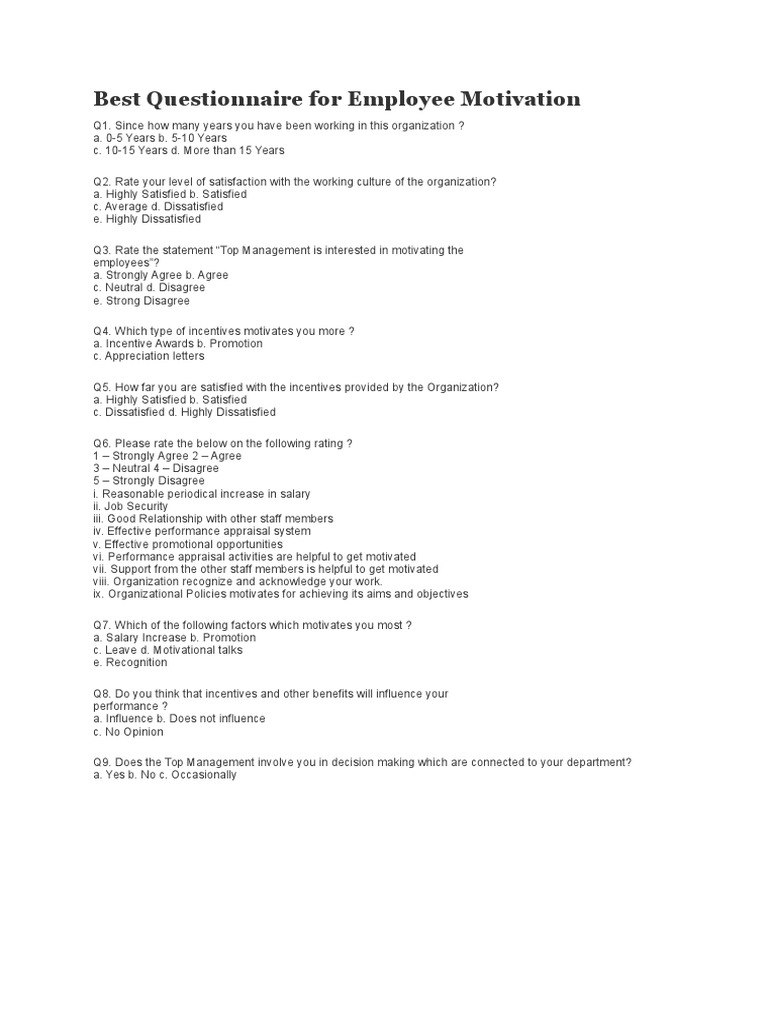 Best Questionnaire For Employee Motivation | PDF