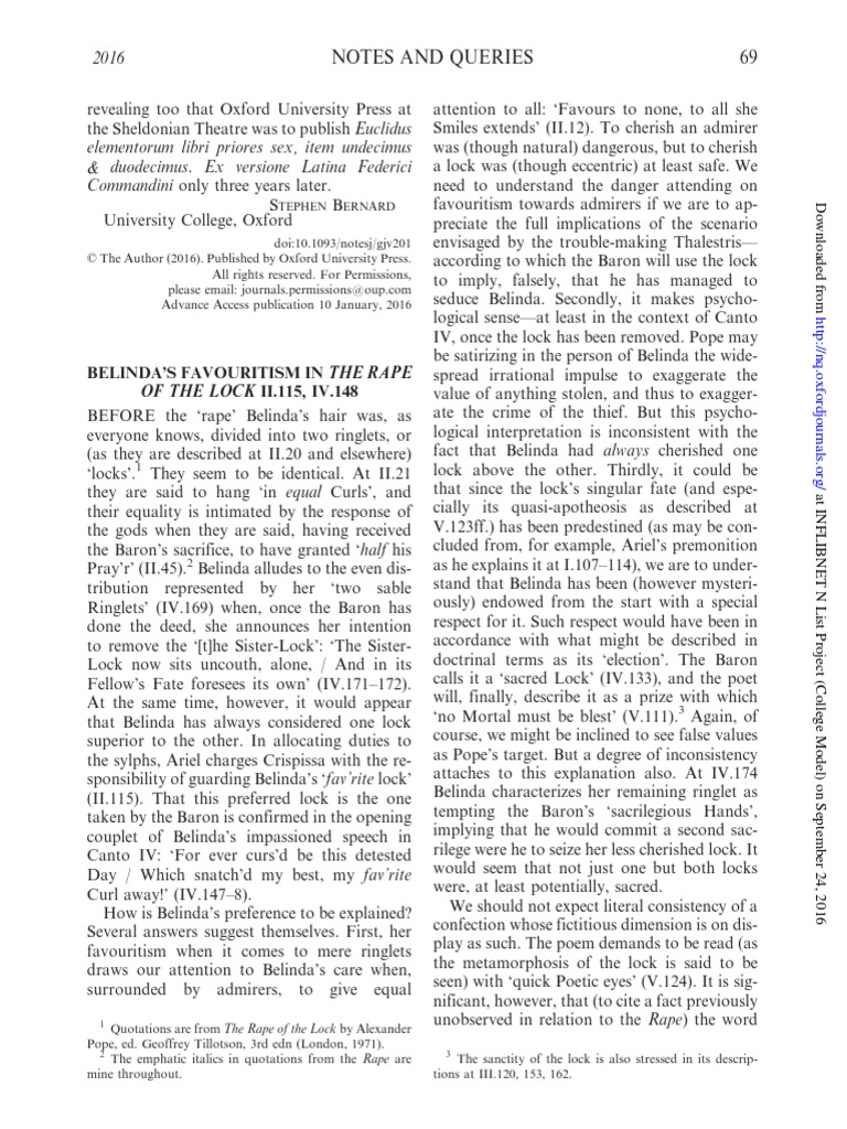 Belinda's Favoured Lock in Pope's Poem | PDF | Daniel Defoe | Poetry