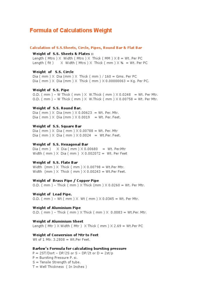 Formula of Calculations Weight: Calculation of S.S.Sheets, Circle ...