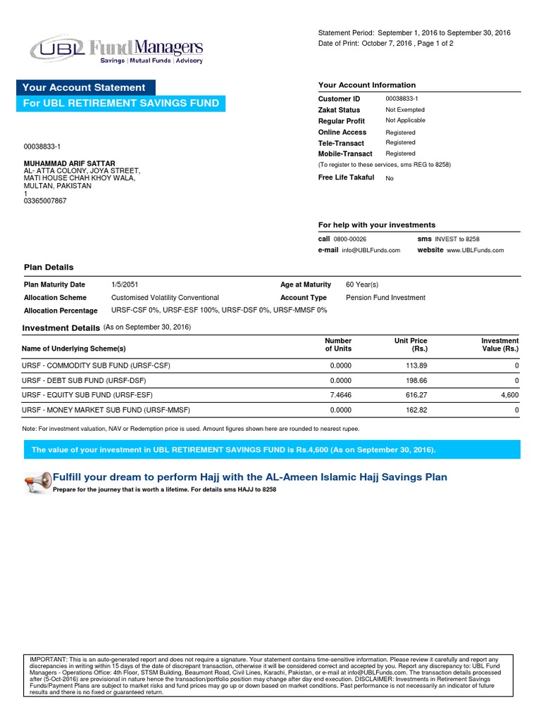 Your Account Statement For Ubl Retirement Savings Fund | PDF ...