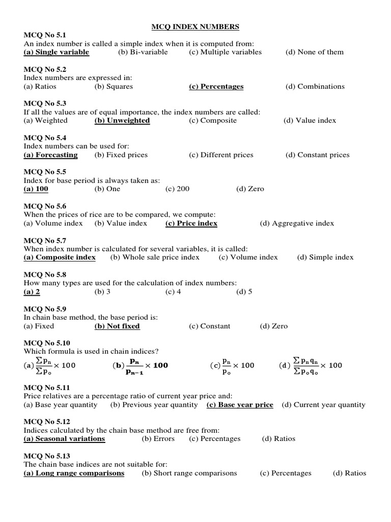 MCQ Index Numbers With Correct Answers | PDF | Price Indices | Index (Economics)