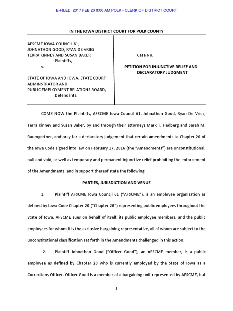 Petition For Injuctive Relief and Declaratory Judgment | PDF | Injunction | Collective Bargaining