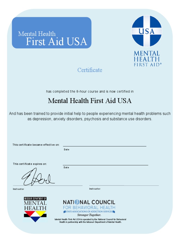 Adult Mhfa Participant Certificate Fogarty | PDF