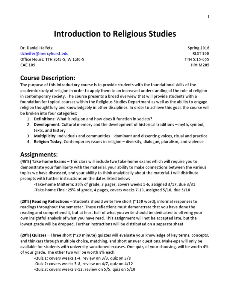 RLST 100 Syllabus Spring 2016 | PDF | Religious Studies | Quiz