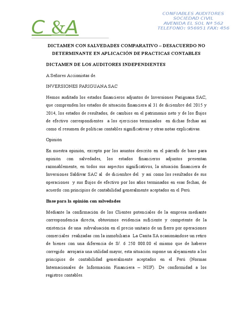Dictamen Con Salvedad Comparativo | PDF | Estado financiero ...