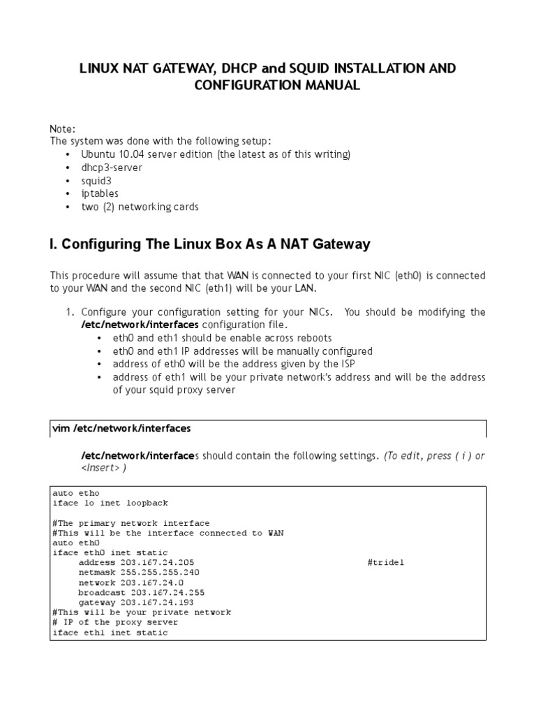 Linux Nat Gateway, DHCP and Squid Installation and Configuration Manual | PDF | Ip Address ...