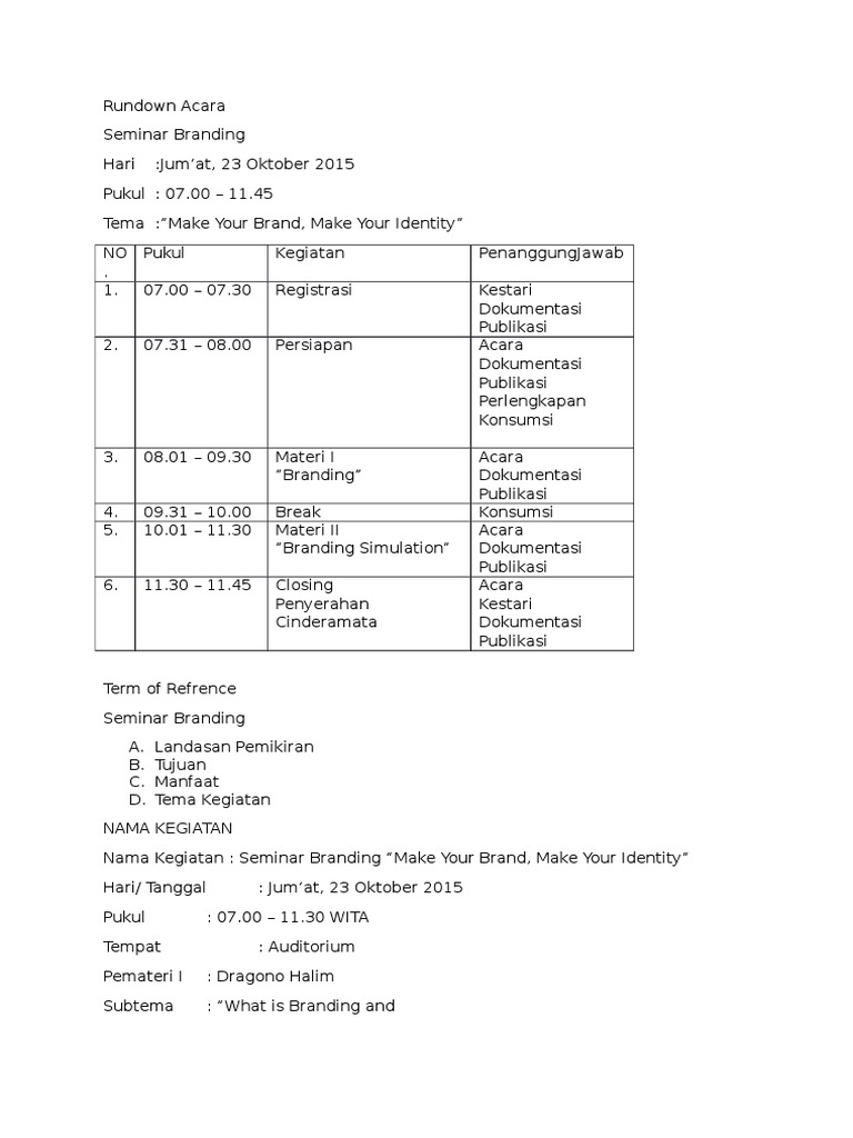 Rundown Acara Seminar Branding | PDF | Bisnis | Komputer