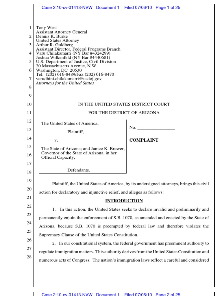 U.S. v. Arizona - Lawsuit Re Arizona Immigration Law (SB 1070) | PDF ...