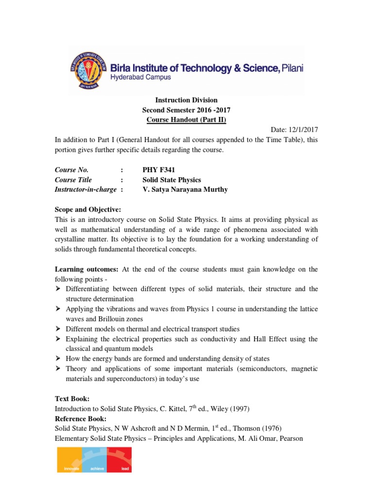 PHY F341 - Handout | PDF | Solid State Physics | Electrical Resistivity And Conductivity