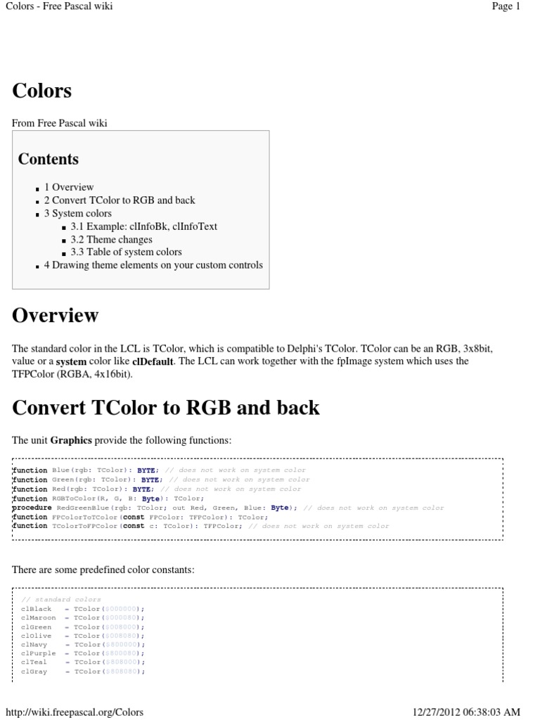 Colors - Free Pascal Wiki | PDF | Rgb Color Model | Computer Programming