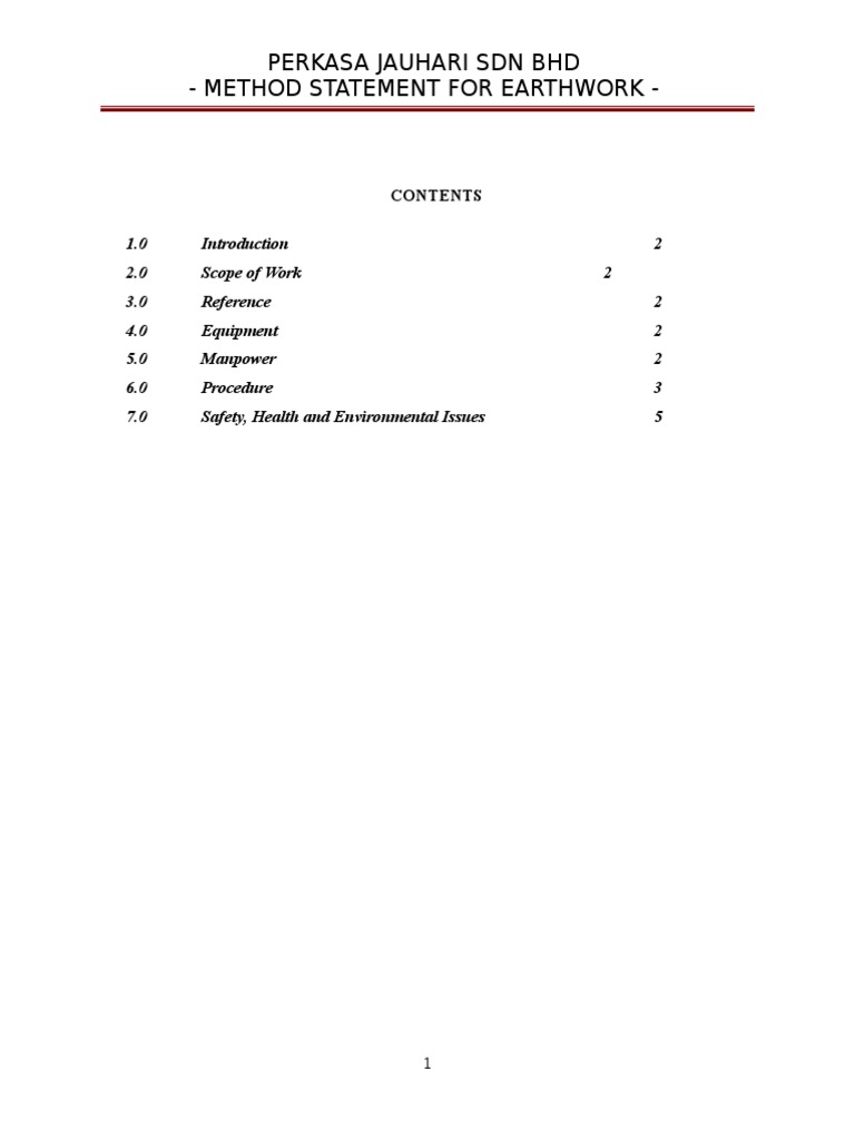 Earth Work Method Statement | PDF | Excavation (Archaeology) | Levee