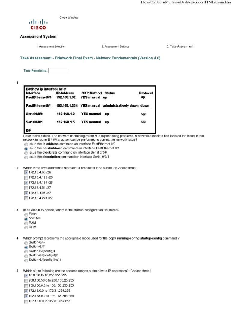 Take Assessment Enetwork Final Exam Network Fundamentals Version 4