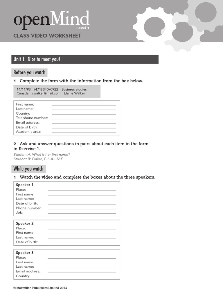 OpenMind 1 Unit 1 Class Video Worksheet | PDF | Career & Growth ...