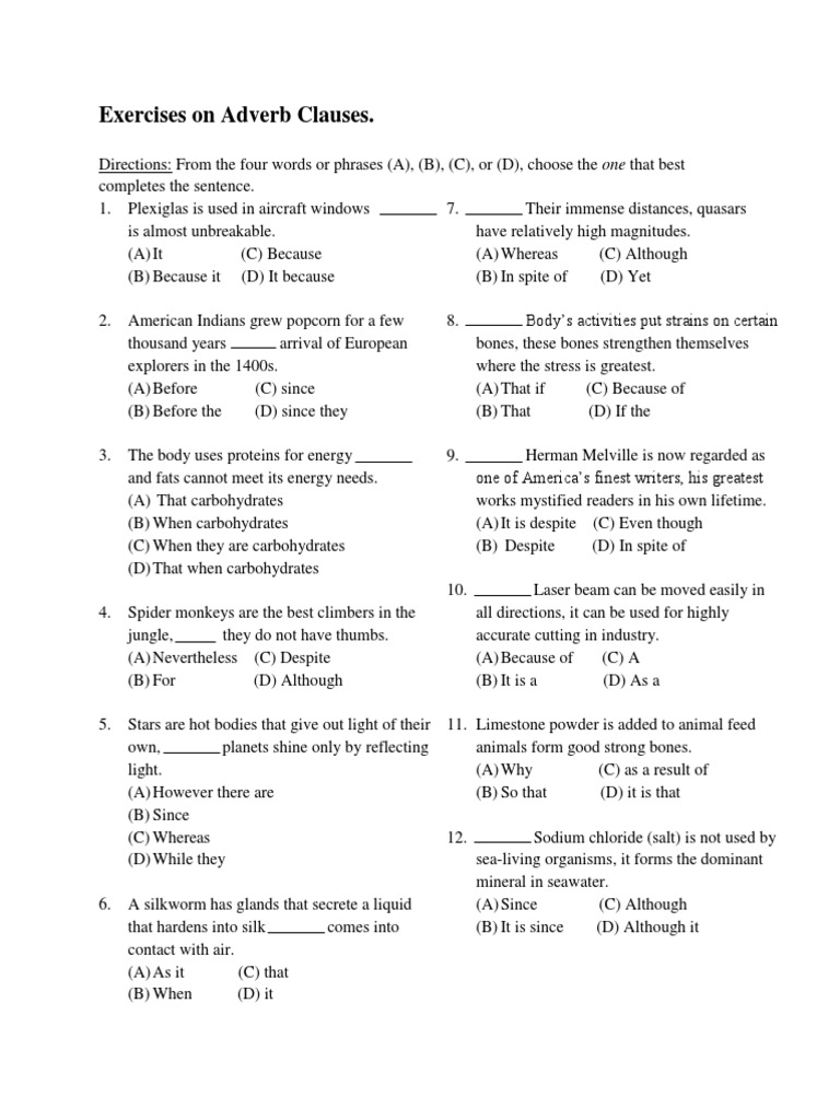 Exercises On Adverb Clauses | PDF | Chemistry | Nature