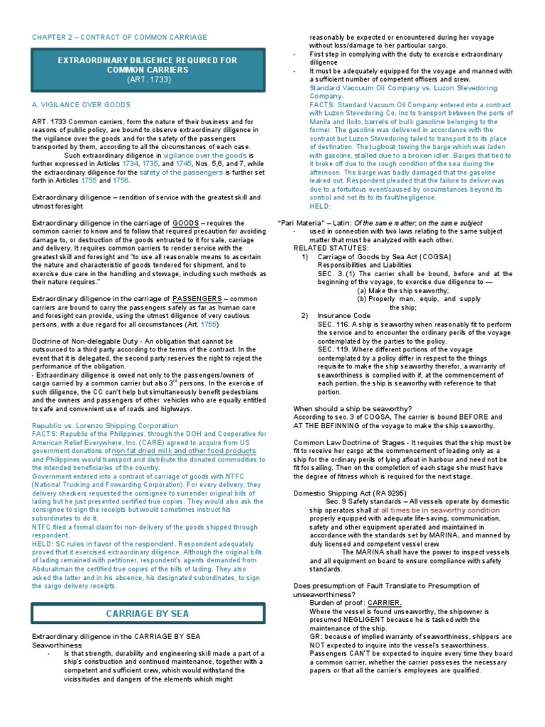 Transpo Chapter 2 Contract of Common Carriage | PDF | Cargo | Common ...