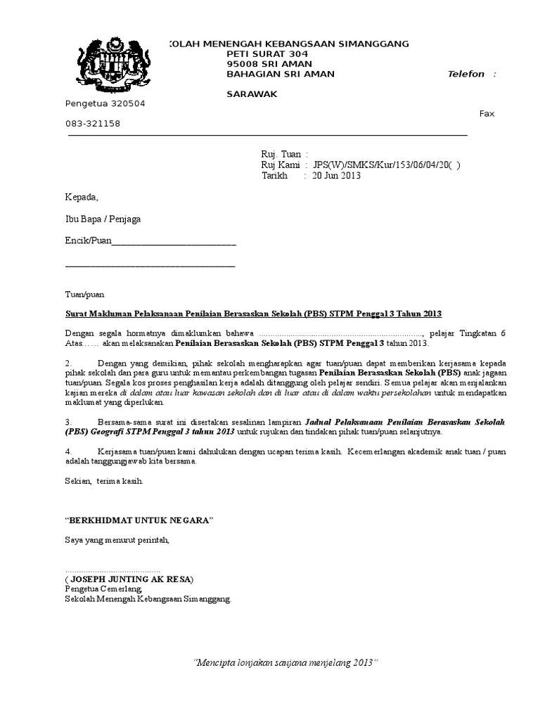 Surat Makluman Pelaksanaan PBS | PDF