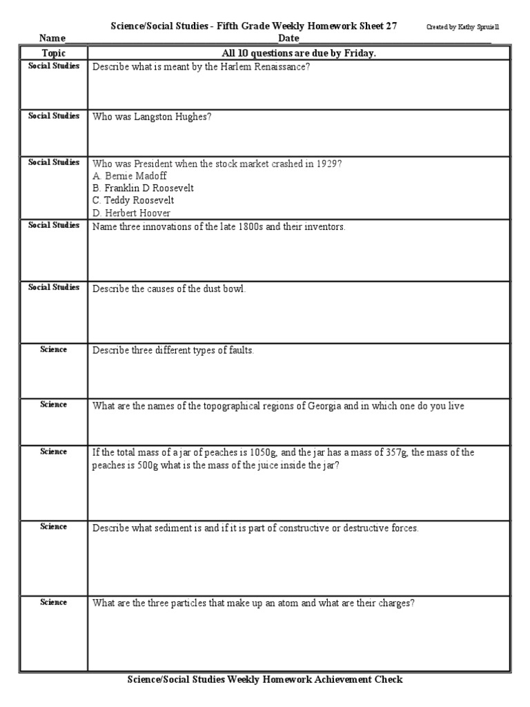 Fifth Grade Weekly Homework Sheet | PDF