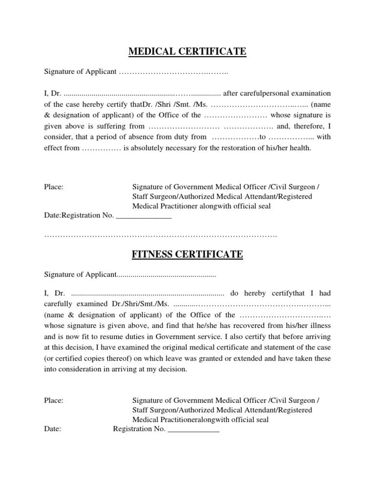 Medical Fitness Certificate Template | PDF