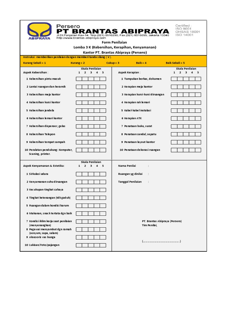 Form Penilaian Lomba Kebersihan 5R PDF | PDF